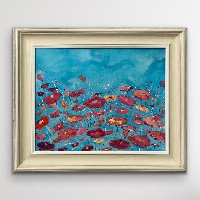 Angela Wakefield, Abstract Landscape Art with Red & Pink Flowers on an ...