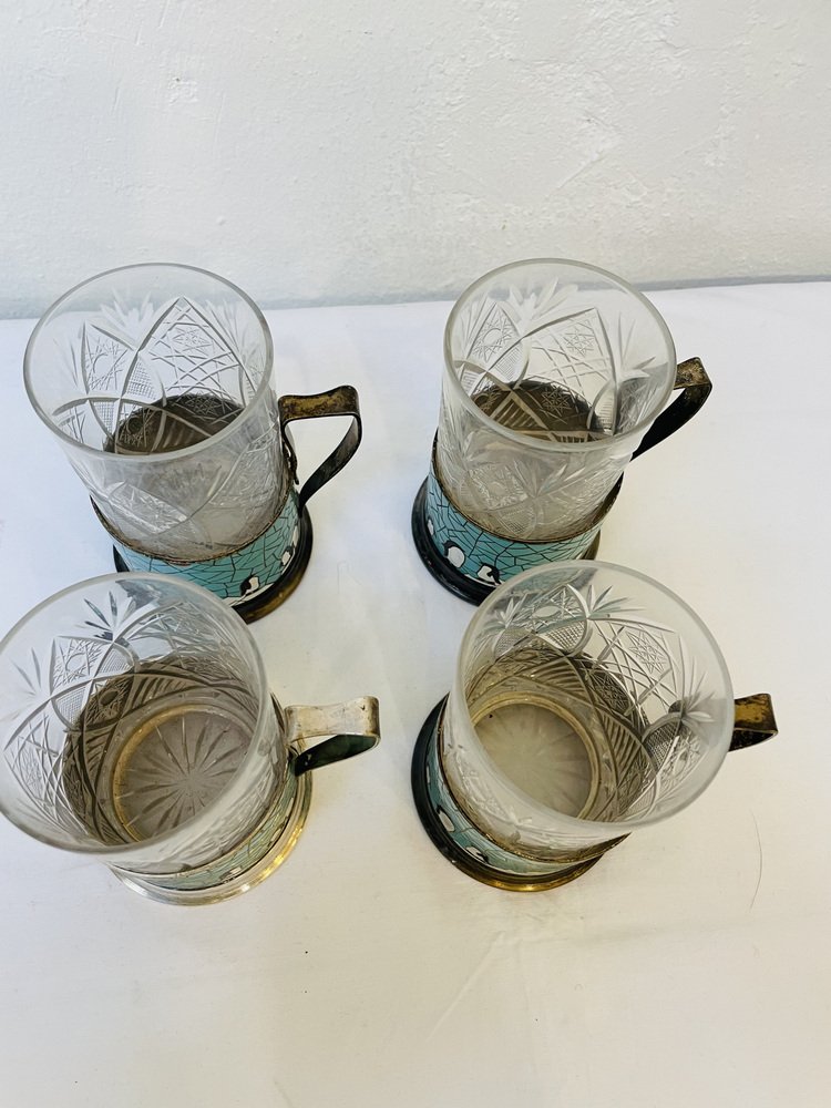 Russian Glasses with Silver-Plated and Cleaned Bracket, Enamel and ...