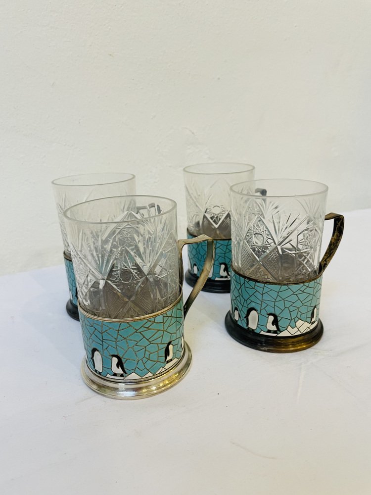 Russian Glasses with Silver-Plated and Cleaned Bracket, Enamel and ...