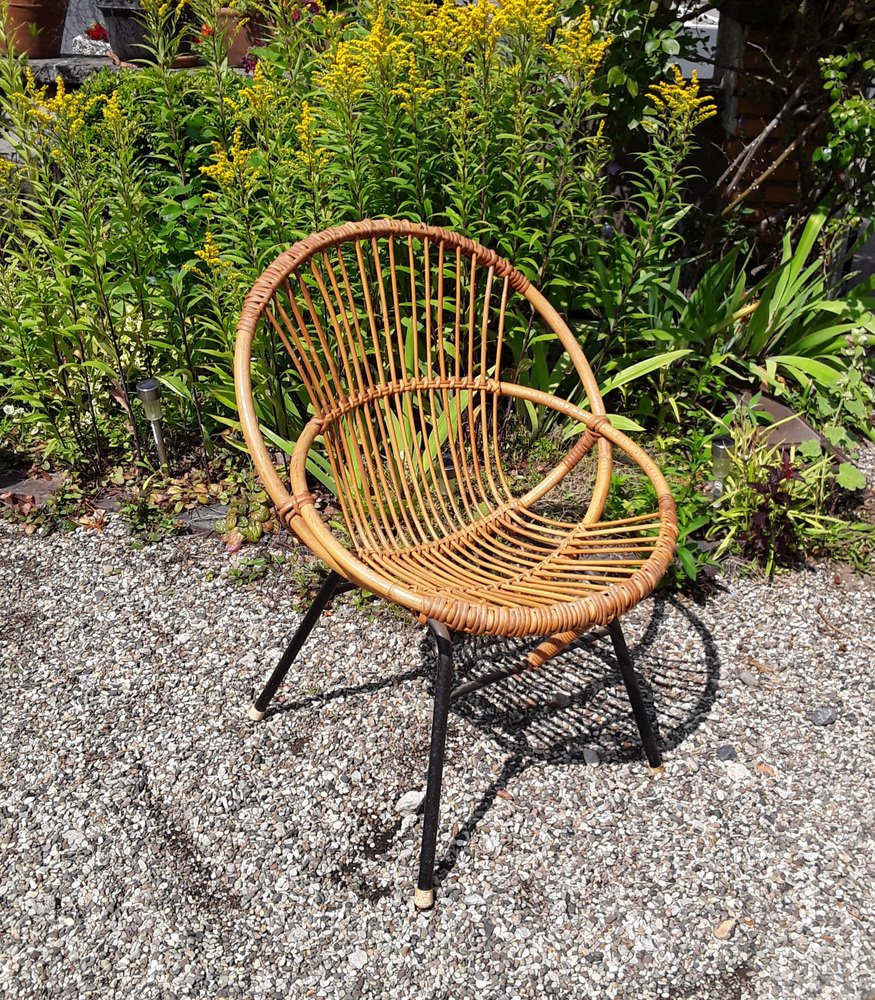 Vintage Garden Chair with Black Painted Metal Pipe Frame and Bamboo ...