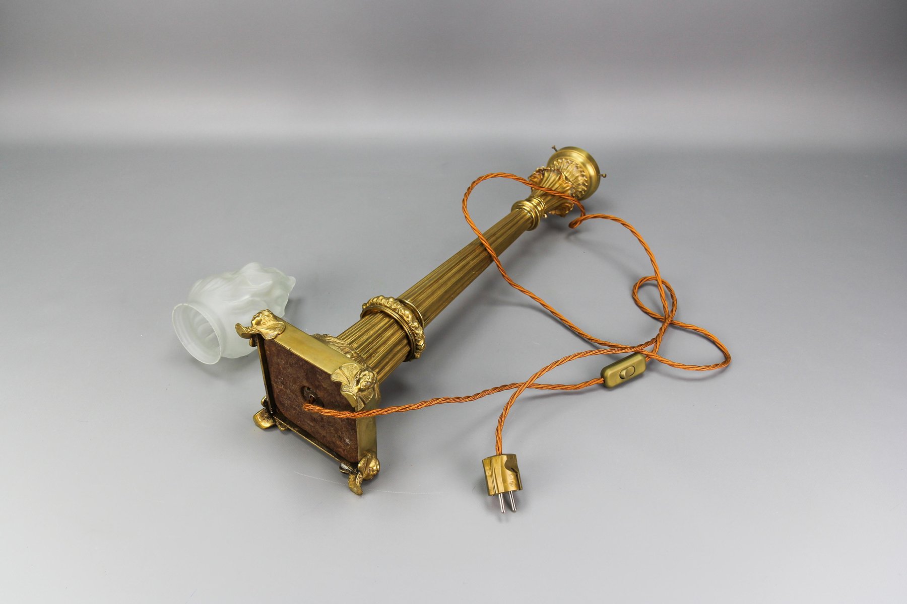 French Bronze and Frosted Glass Fluted Column Table Lamp, 1920s for ...