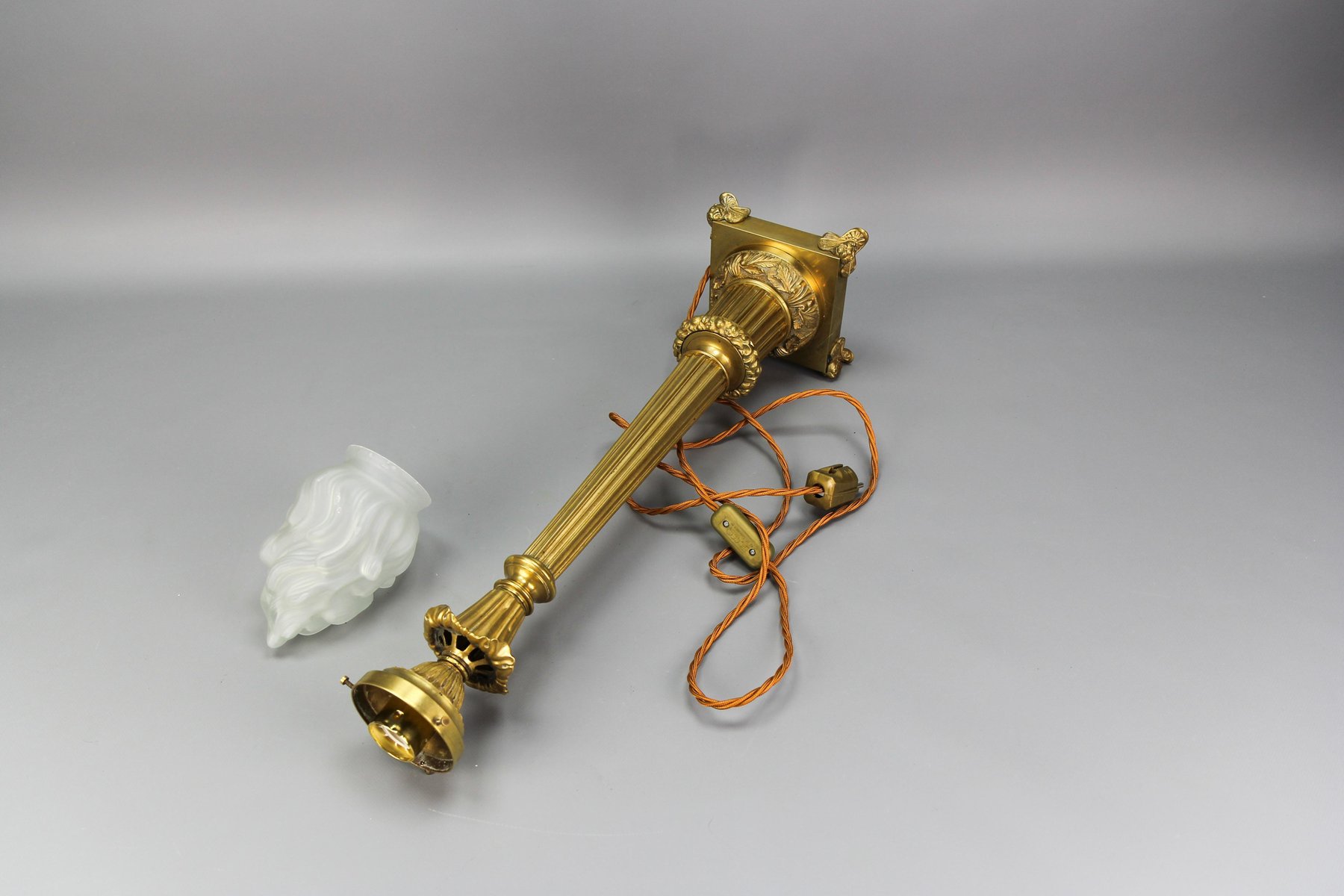 French Bronze and Frosted Glass Fluted Column Table Lamp, 1920s for ...