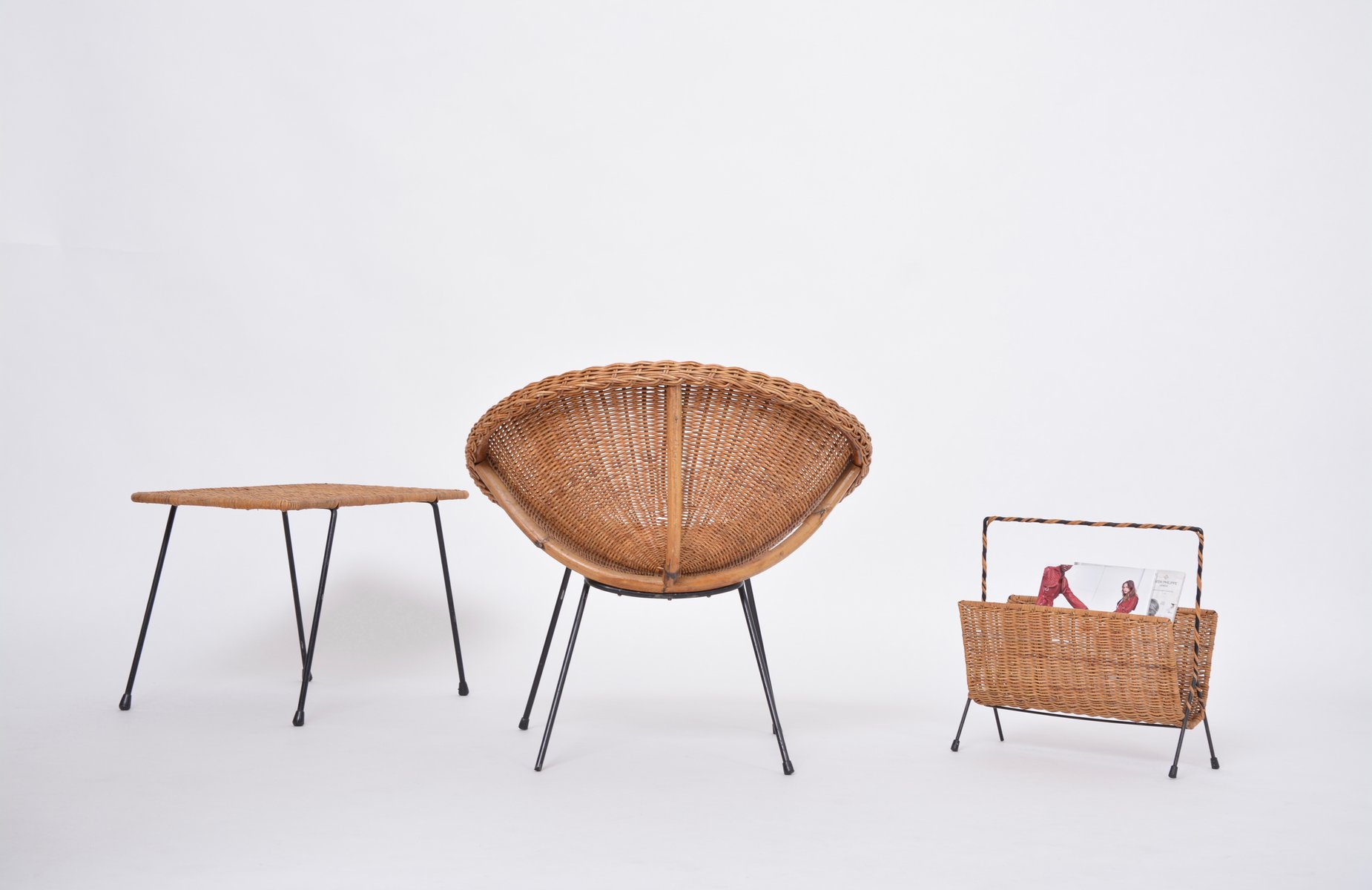 Mid-Century Italian Rattan Bowl Chair with Side Table and Magazine Rack ...