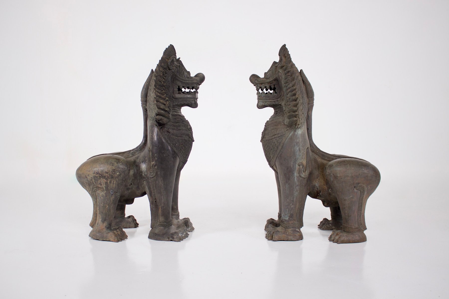 Early 20th Century Singha Temple Guardian Lions in Bronze, 1920s, Set ...