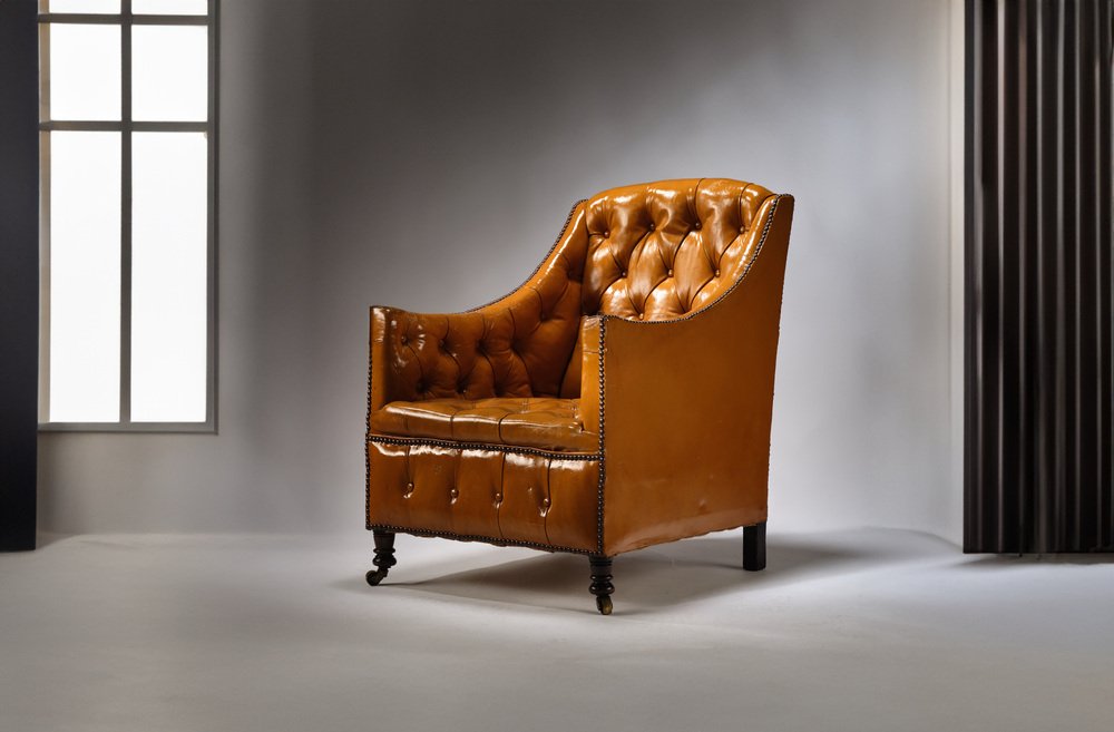 Vintage Lacquered Tan Leather Deep Buttoned Club/Desk Chair, England ...