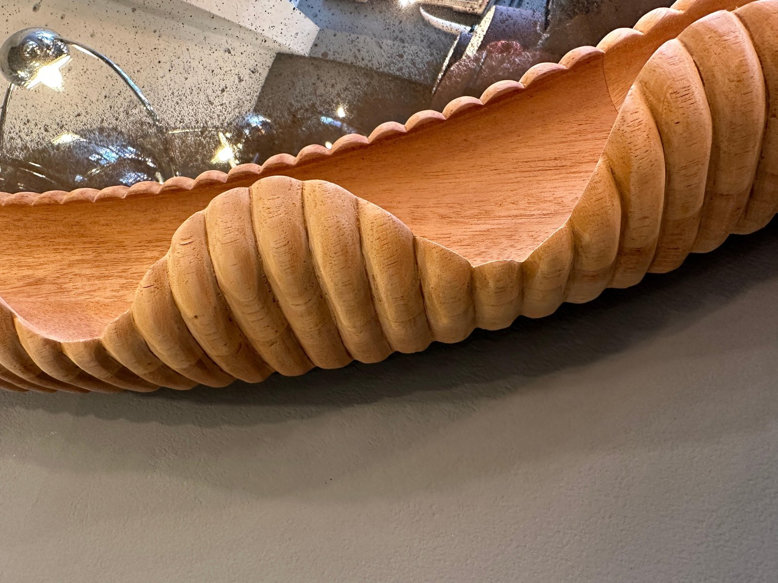 Large Distressed Convex Mirror with Carved Oak Frame for sale at Pamono