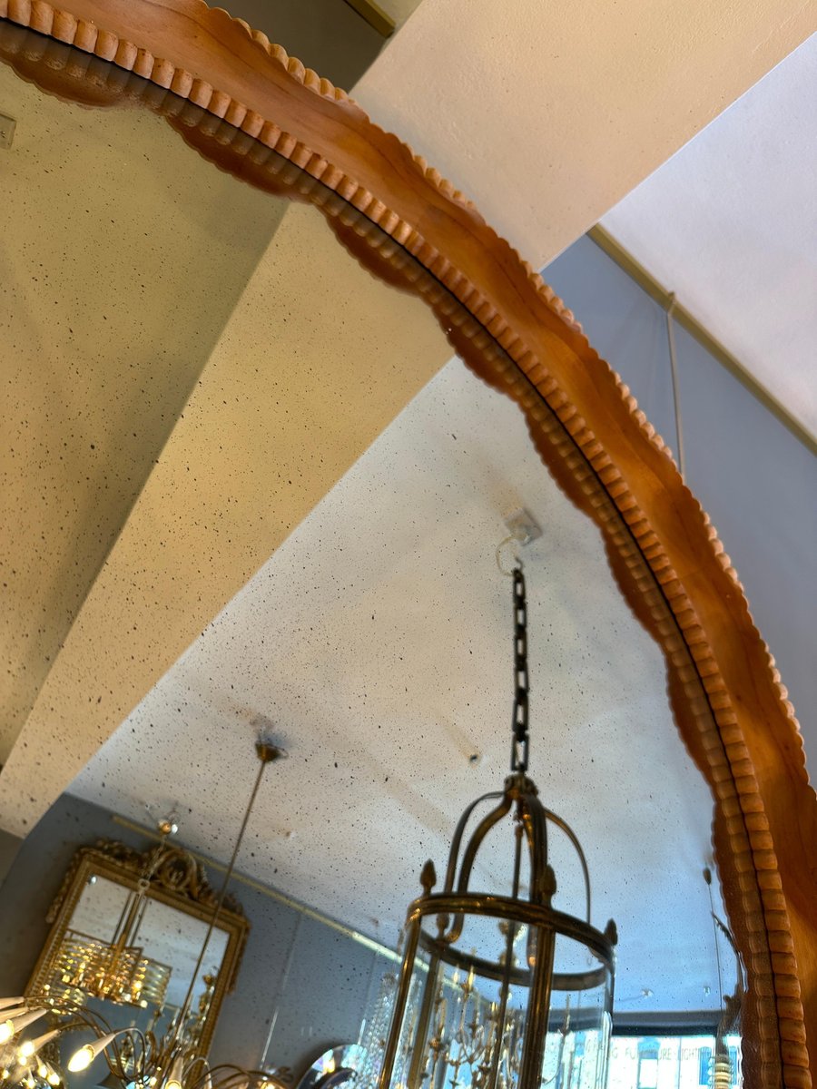 Large Distressed Convex Mirror with Carved Oak Frame for sale at Pamono