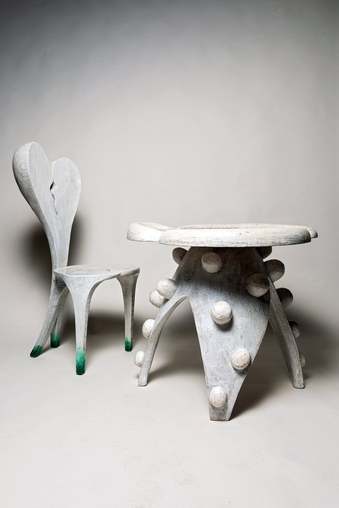 Swiss Carved Wood Alice Dining Table and Dining Chair by Yves Boucard ...