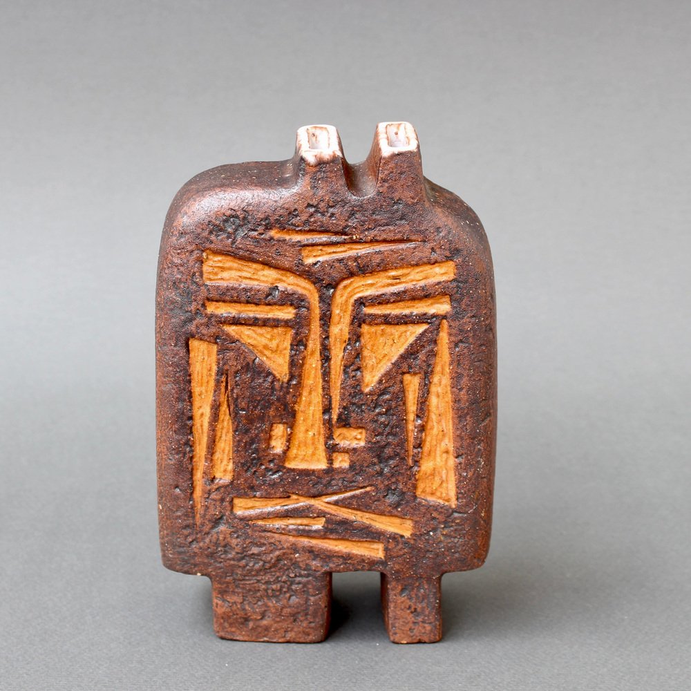 French Ceramic Vase with African Mask Motif by Jacqueline Lerat, 1960s ...