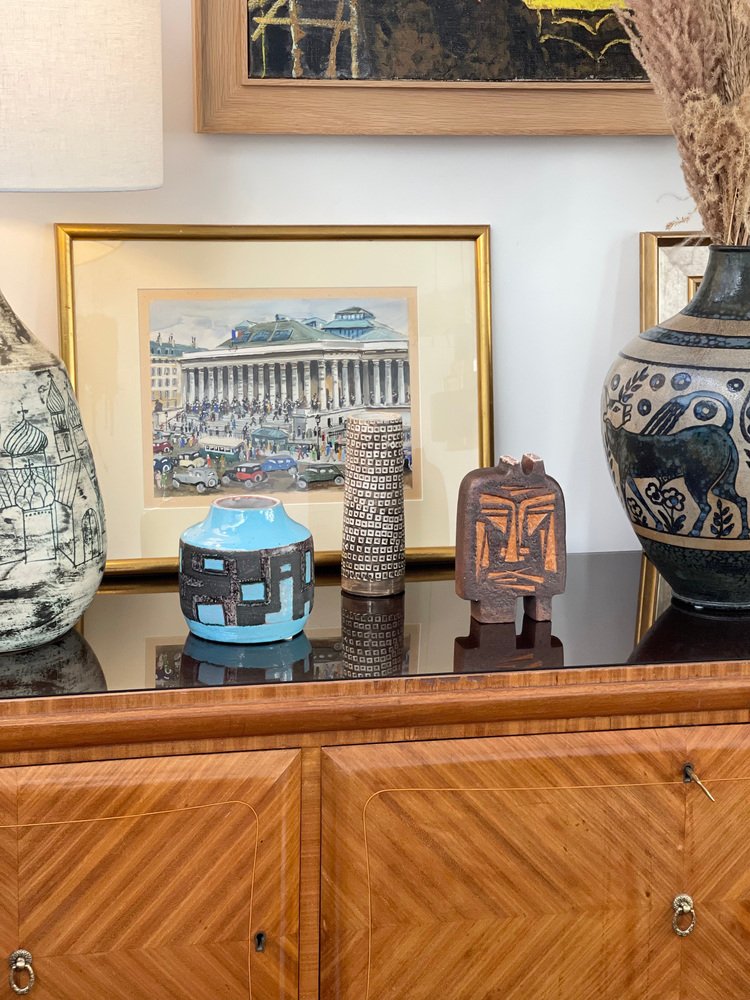 French Ceramic Vase with African Mask Motif by Jacqueline Lerat, 1960s ...