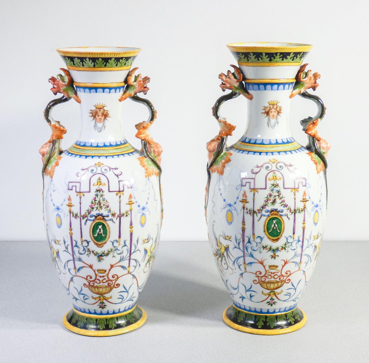 19th Century Hand Painted Ceramic Vases, Set of 2 for sale at Pamono