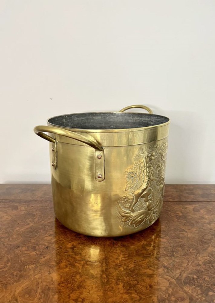 Antique Victorian Circular Brass Coal Bucket, 1880s for sale at Pamono