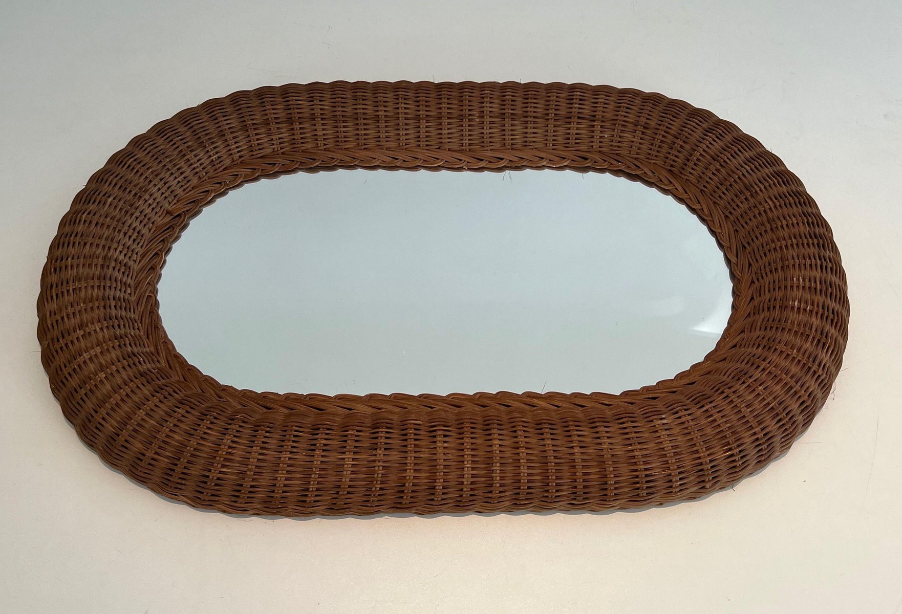 Oval Rattan Mirror, 1970s for sale at Pamono