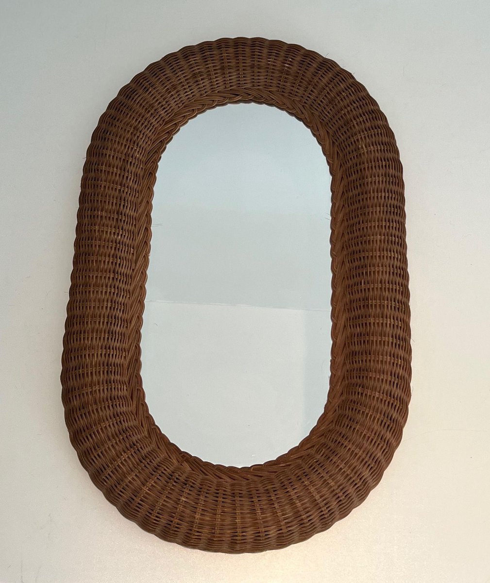 Oval Rattan Mirror, 1970s for sale at Pamono