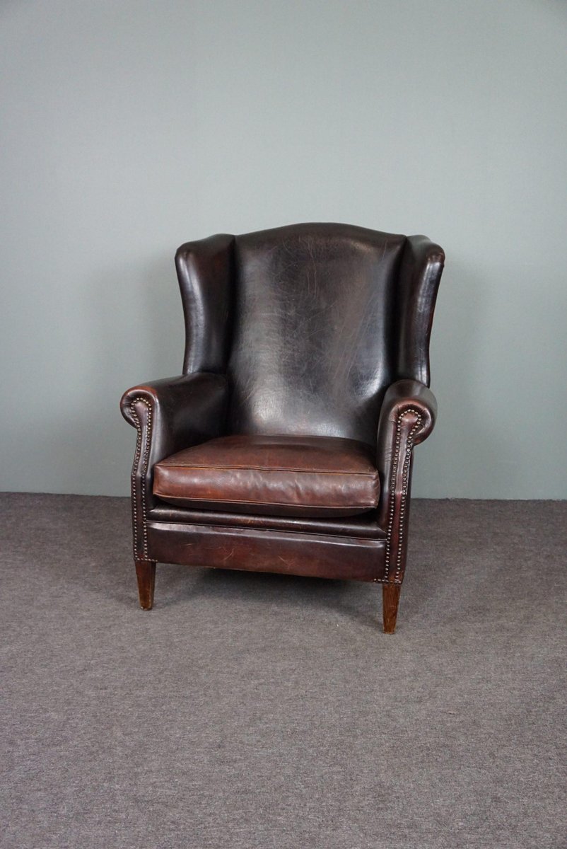Dark Patinated Sheep Leather Lounge Chair for sale at Pamono