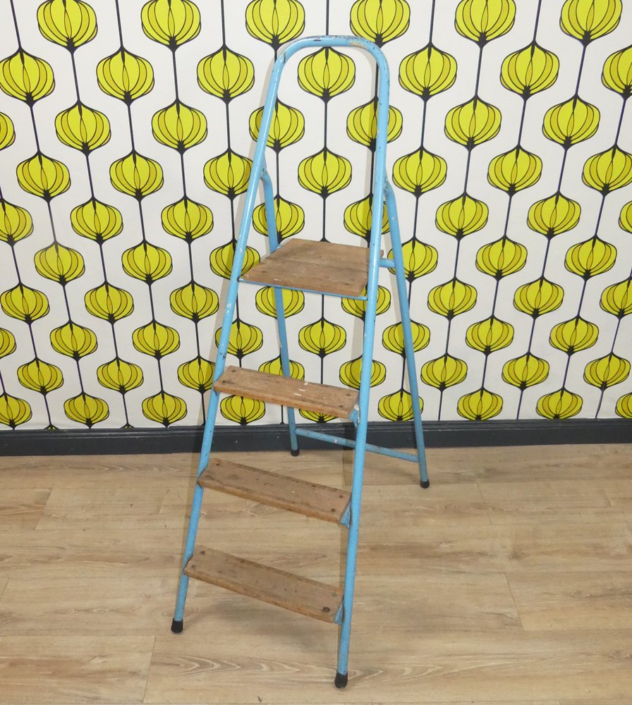 Industrial Blue Folding Ladder in Metal and Wood, 1950s for sale at Pamono