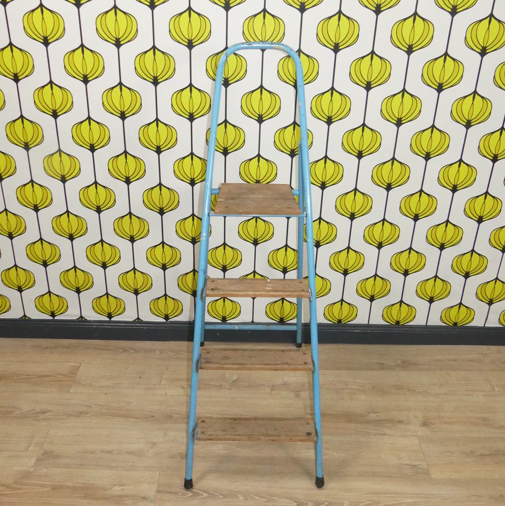 Industrial Blue Folding Ladder in Metal and Wood, 1950s for sale at Pamono