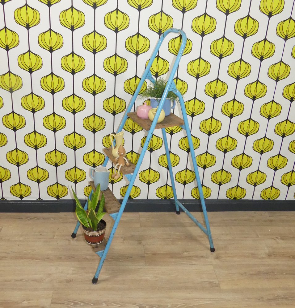 Industrial Blue Folding Ladder in Metal and Wood, 1950s for sale at Pamono