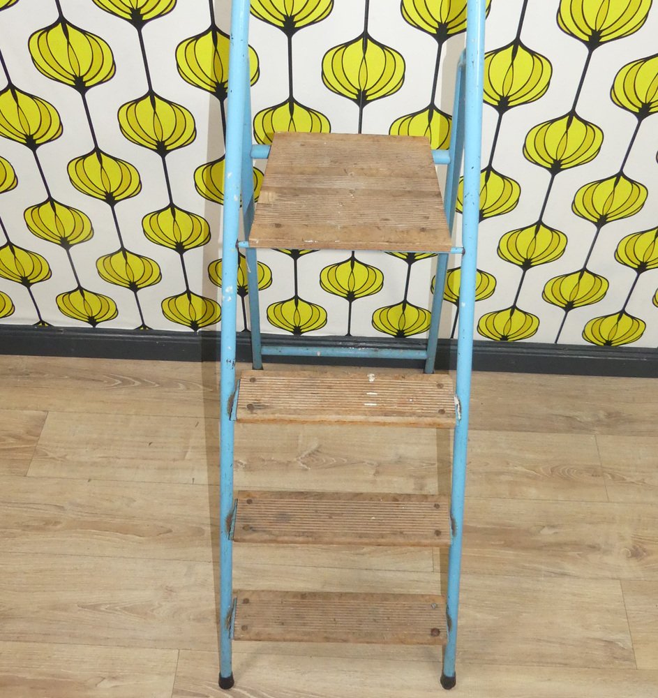 Industrial Blue Folding Ladder in Metal and Wood, 1950s for sale at Pamono