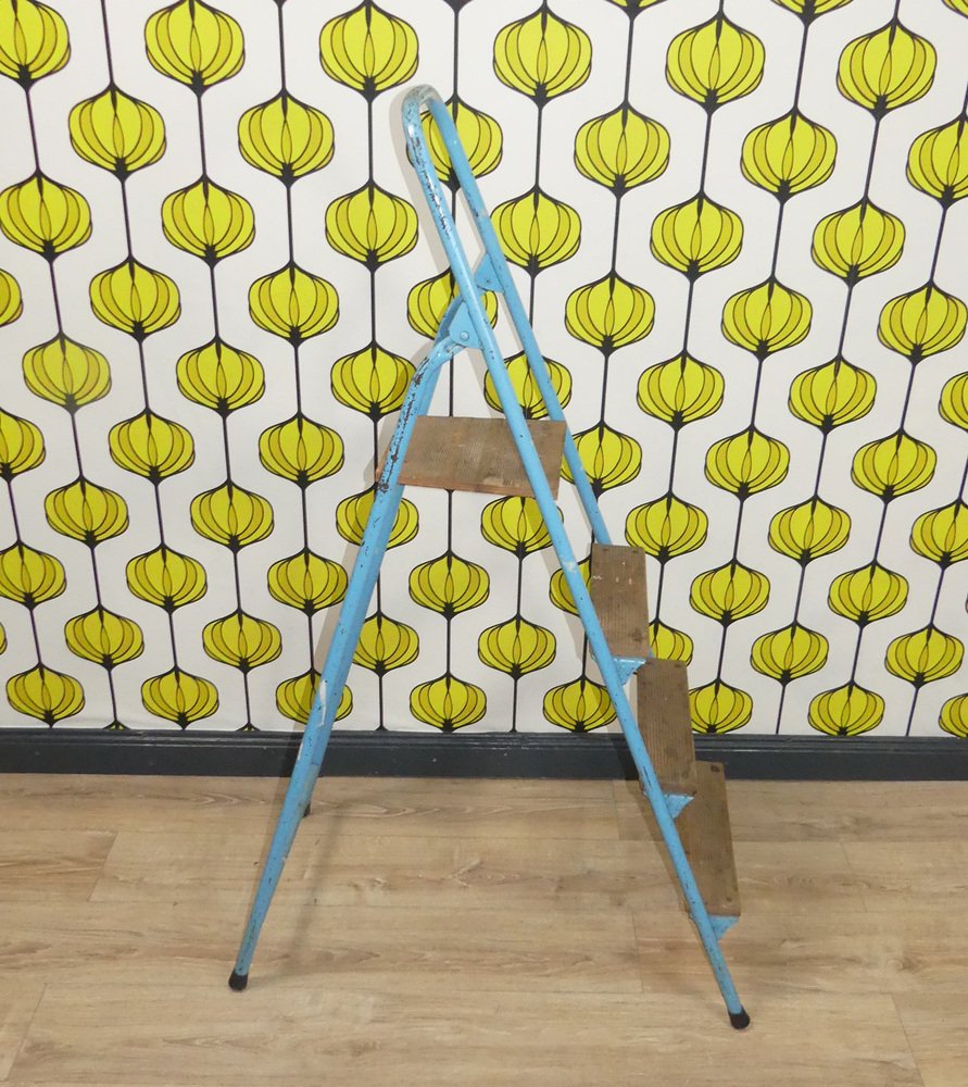 Industrial Blue Folding Ladder in Metal and Wood, 1950s for sale at Pamono