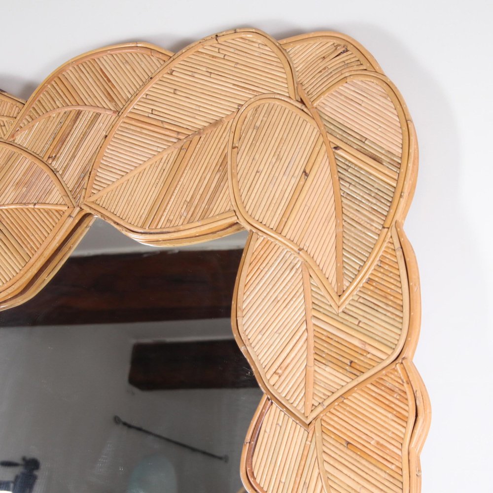Large Rattan Leaf Mirror, 1980s for sale at Pamono