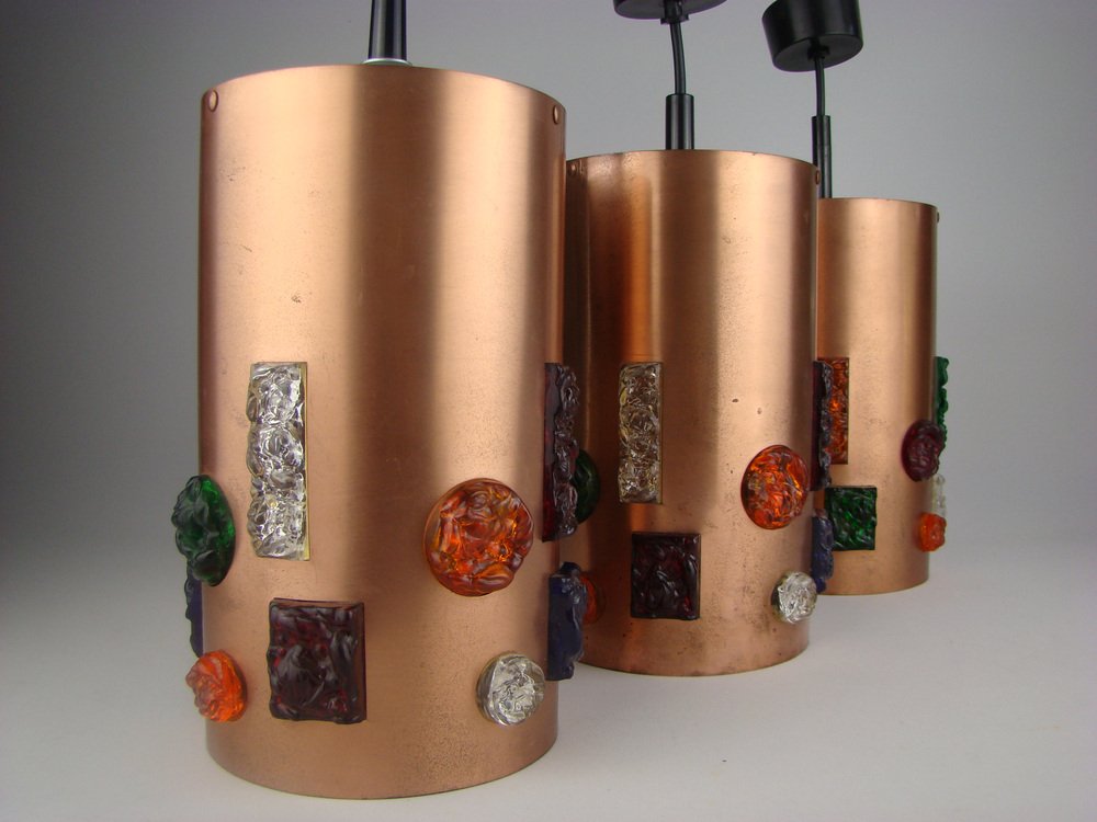 Vintage Pendant Lights in Copper with Colored Plastic Inserts, 1970s ...
