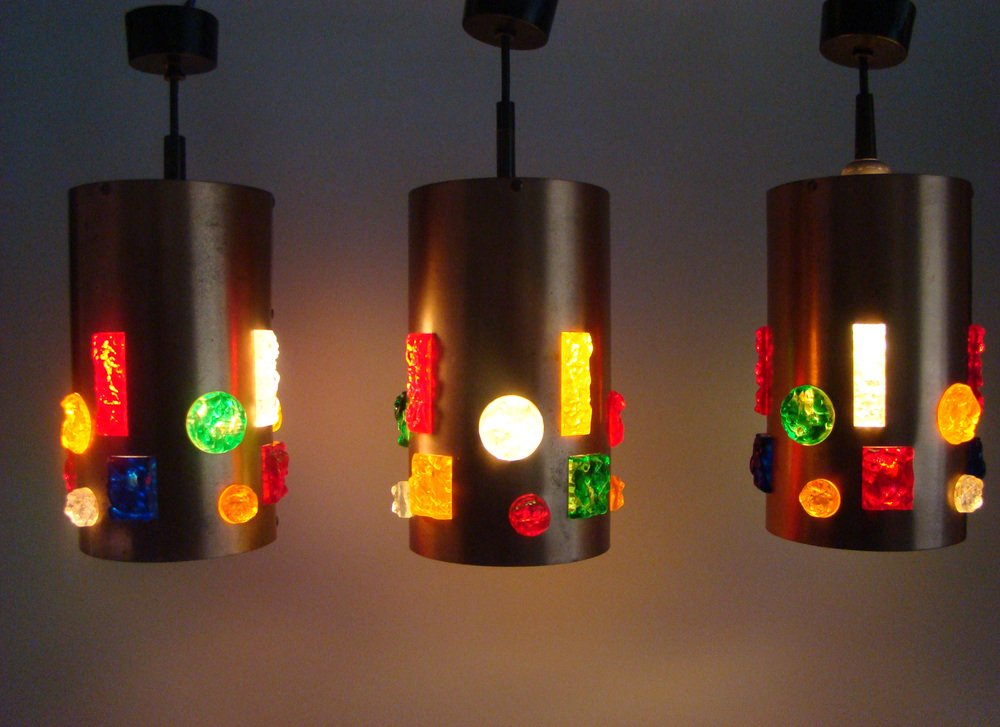 Vintage Pendant Lights in Copper with Colored Plastic Inserts, 1970s ...