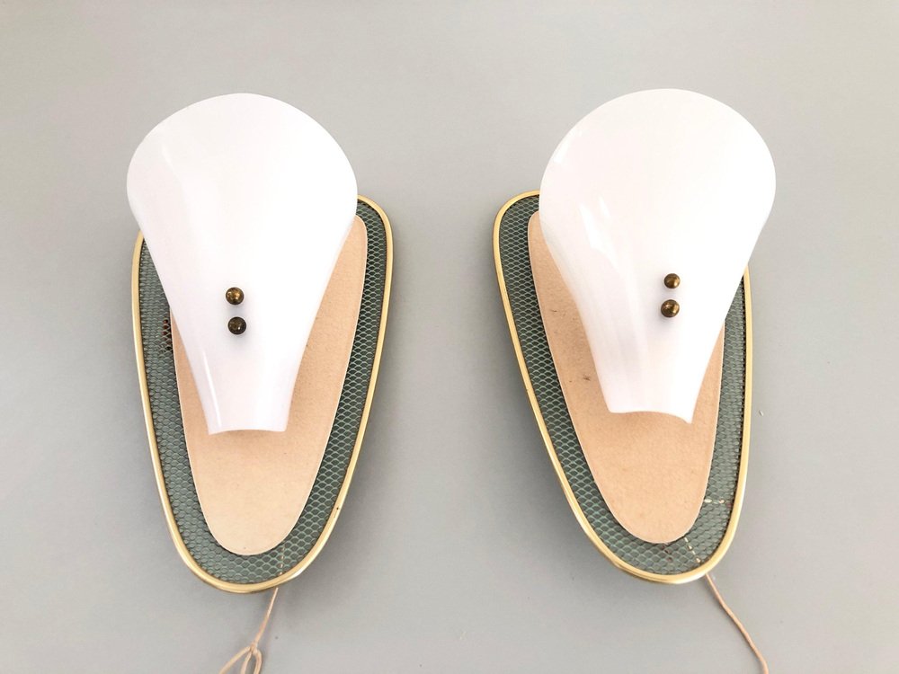 White Acrylic Glass & Green Backplate Leaf Shaped Sconces, Germany ...