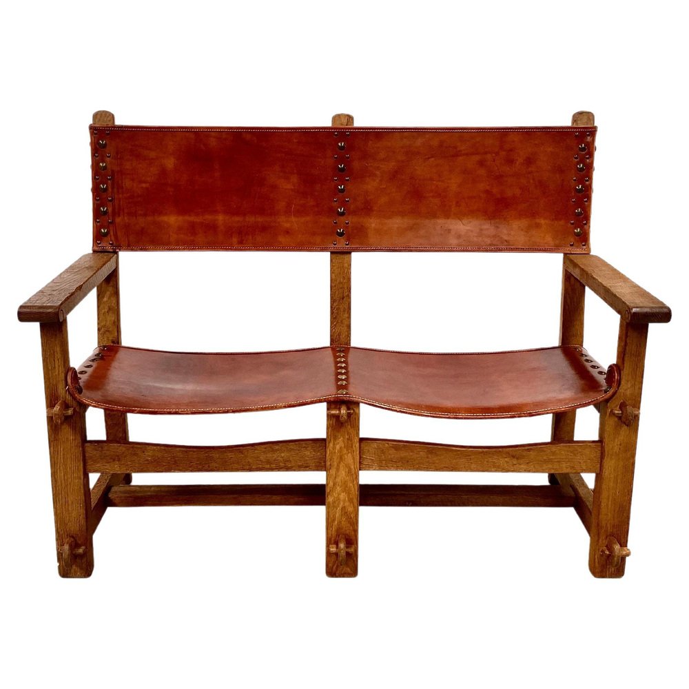 Vintage French Castle Bench in Oak and Leather, 1920s for sale at Pamono