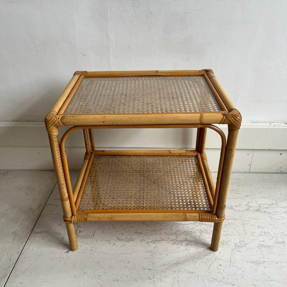 Bamboo and Cane Table with Glass Top, 1970s for sale at Pamono