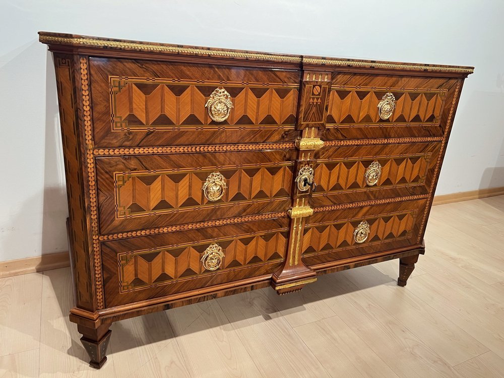 Austrian Louis XVI Commode in Walnut Veneer with Inlays and Gold Plate ...