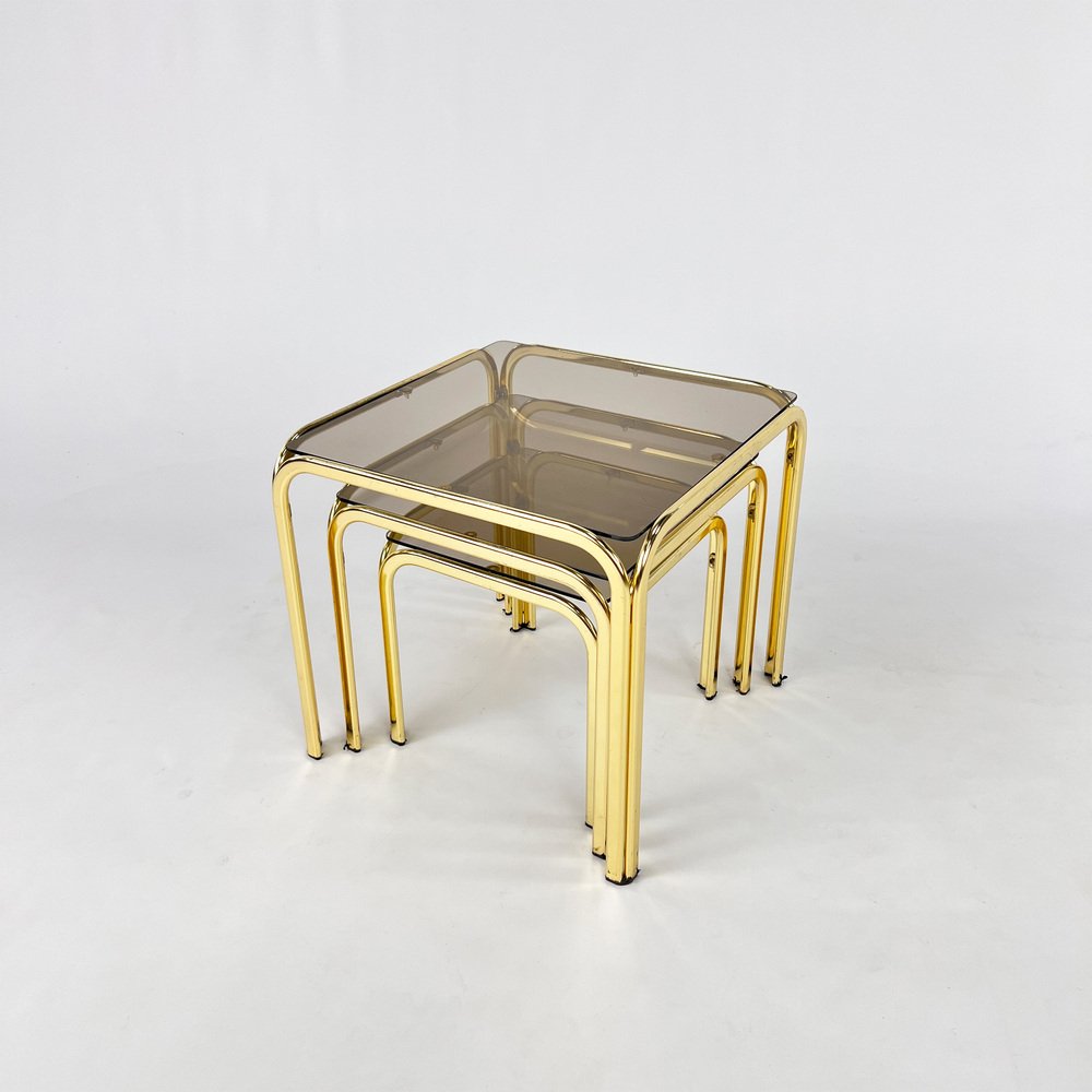Brass and Smoked Glass Nesting Tables, 1970s, Set of 3 for sale at Pamono