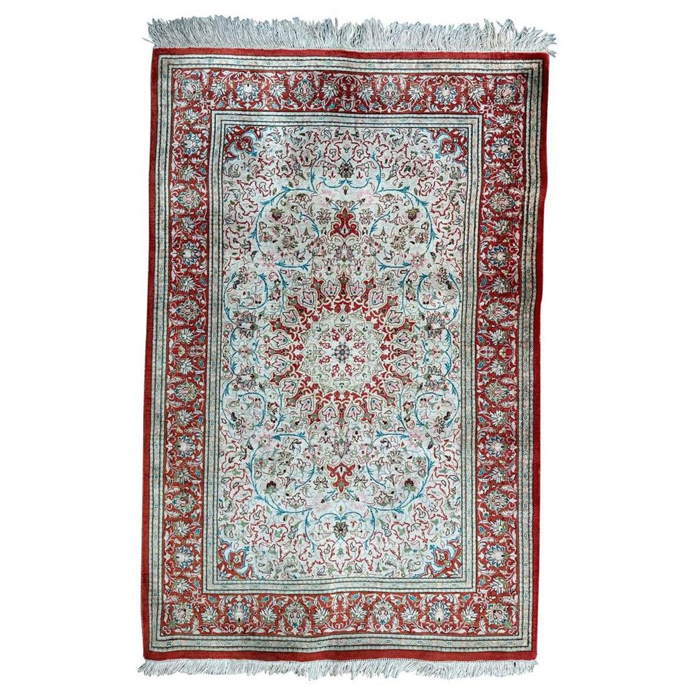 Small Vintage Silk Qom Rug, 2000s for sale at Pamono
