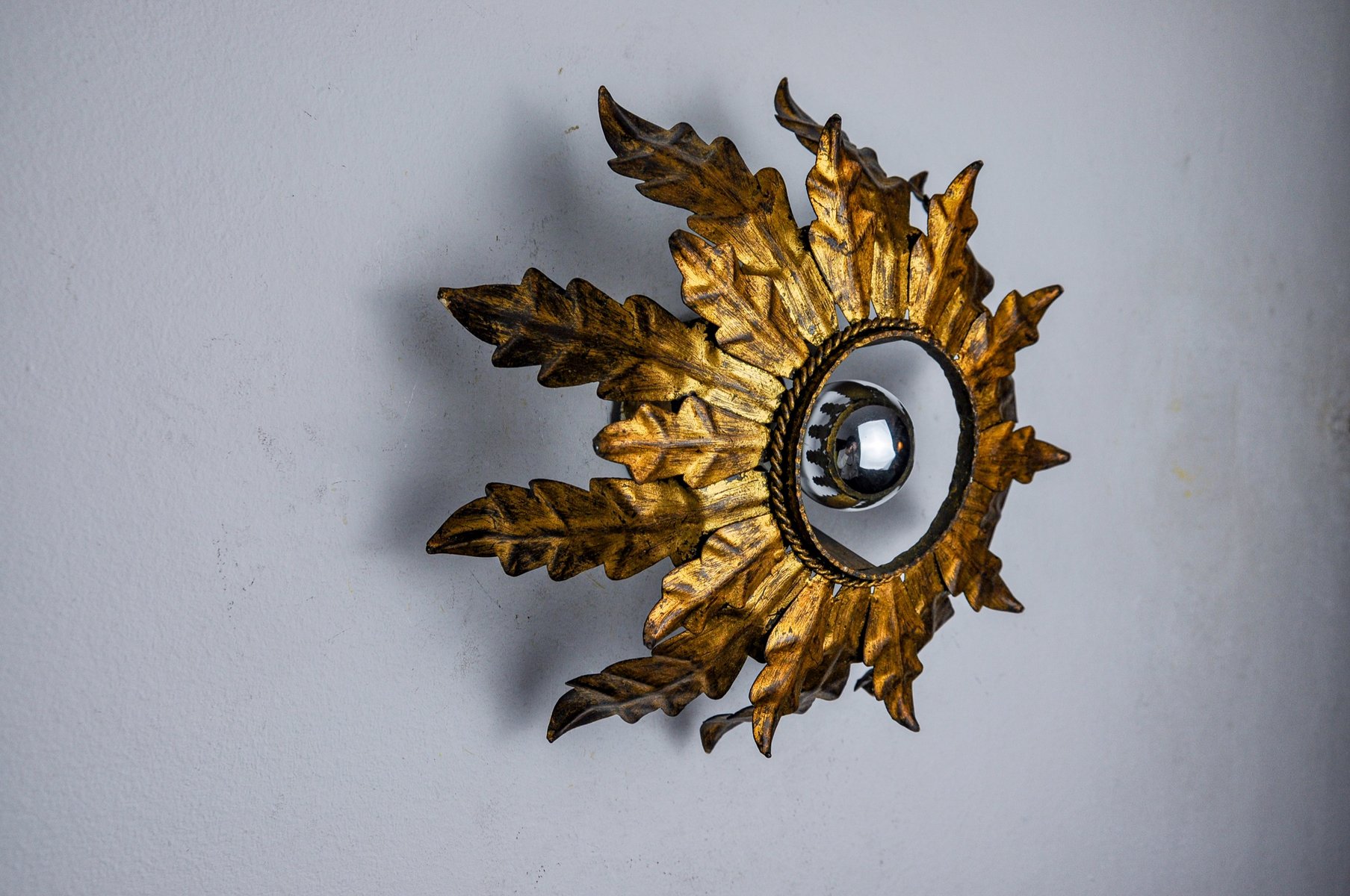 Sun Wall Lamp in Metal and Gold Leaf attributed to Ferro Arte, Spain ...