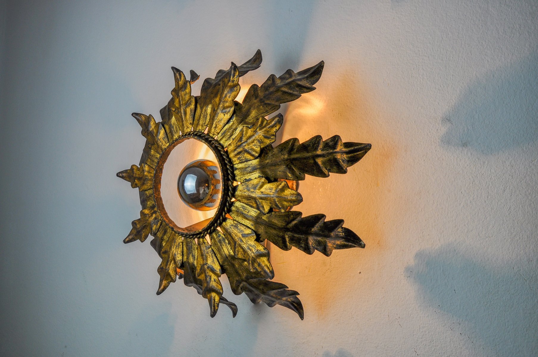 Sun Wall Lamp in Metal and Gold Leaf attributed to Ferro Arte, Spain ...