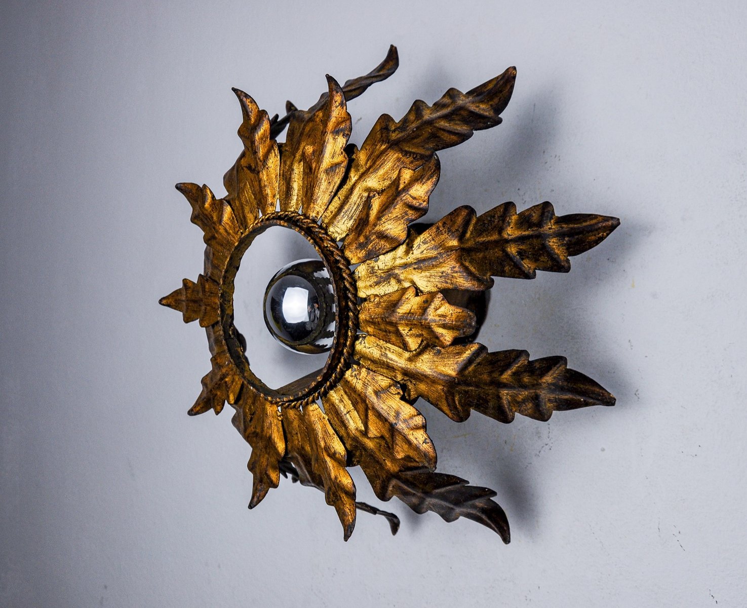 Sun Wall Lamp in Metal and Gold Leaf attributed to Ferro Arte, Spain ...