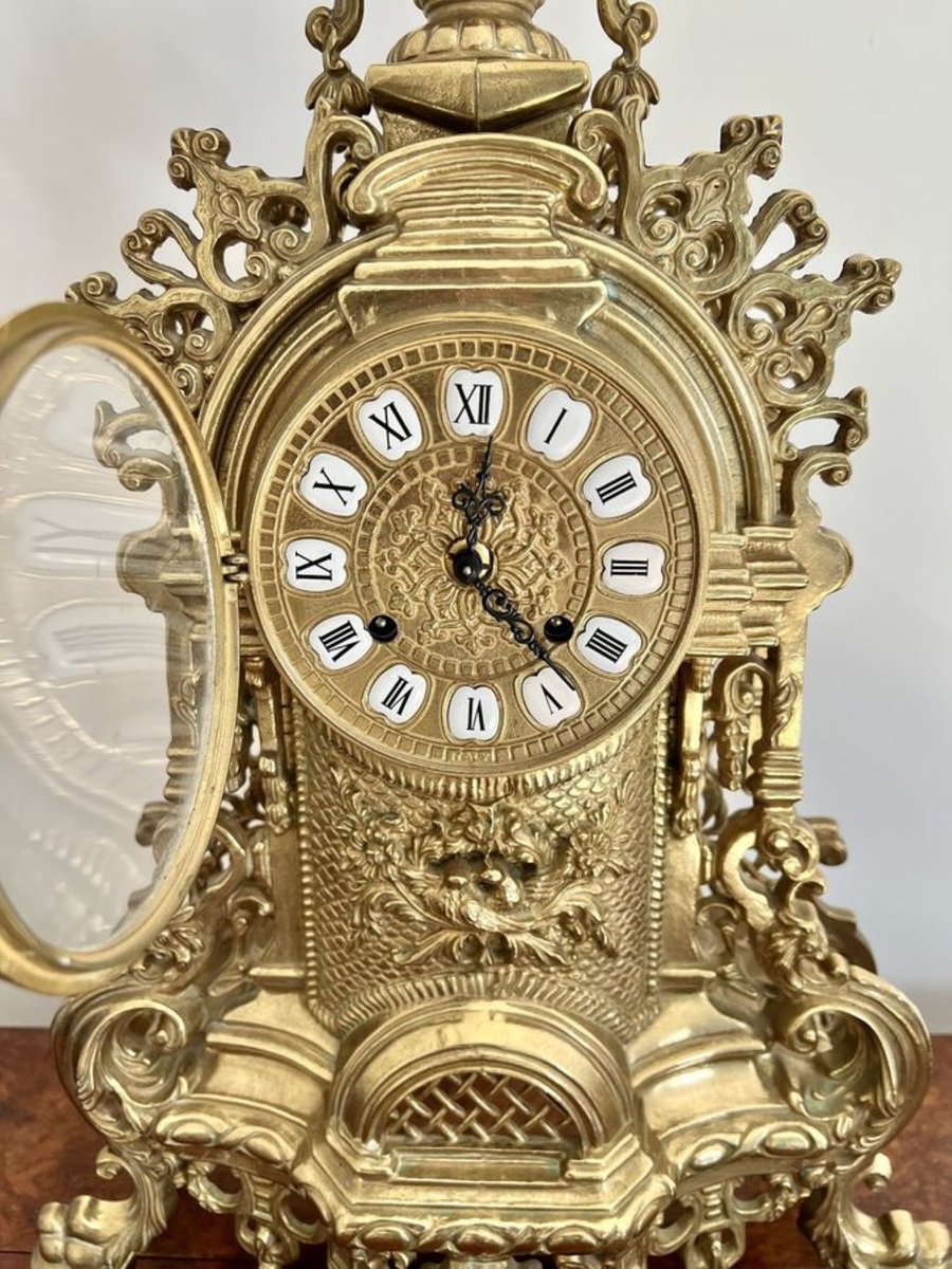 Victorian Ornate Brass Mantle Clock, 1880s for sale at Pamono