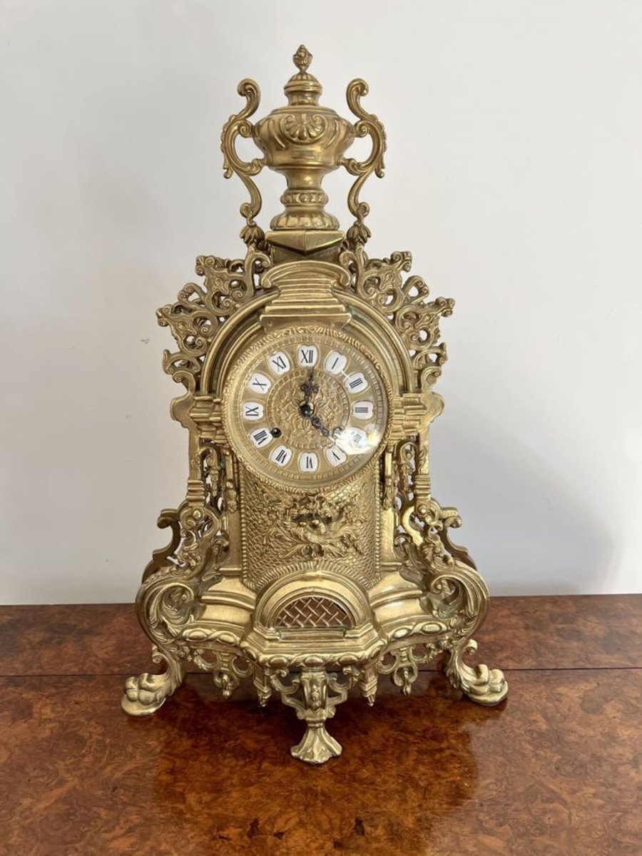 Victorian Ornate Brass Mantle Clock, 1880s for sale at Pamono