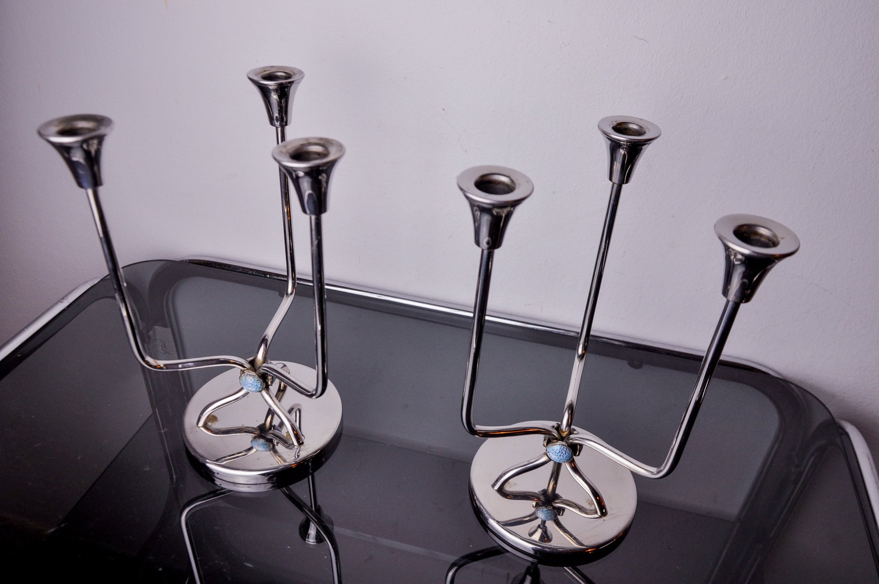 Art Deco Candlesticks in Stainless Steel with 3 Flames and Blue Stones ...