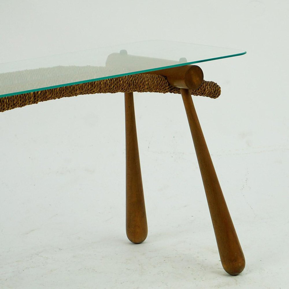 Mid-Century Austrian Beech Side Table with Cord and Glass Top by Max ...
