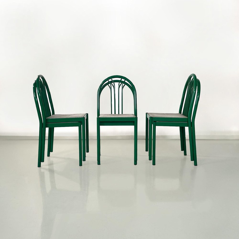 Italian Modern Green Tubular Metal and Grey Straw Stackable Chairs ...