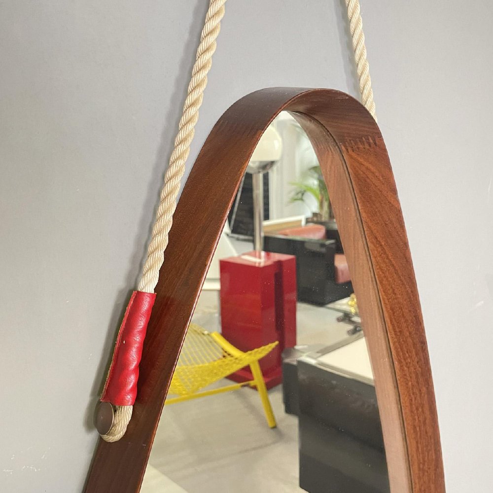 Mid-Century Modern Italian Wood Triangular Wall Mirror with Cord, 1960s ...