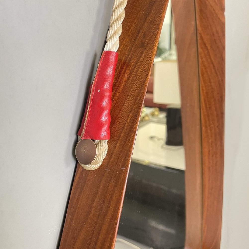 Mid-Century Modern Italian Wood Triangular Wall Mirror with Cord, 1960s ...