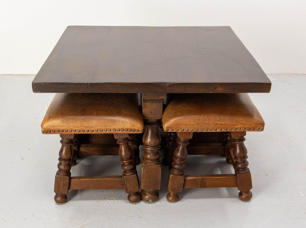 Spanish Alder Coffee Table with Alder and Leather Stools, 1960s, Set of ...