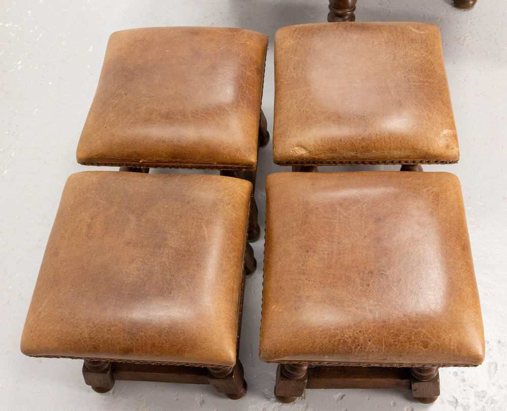 Spanish Alder Coffee Table with Alder and Leather Stools, 1960s, Set of ...