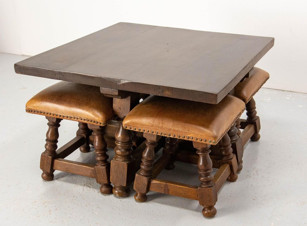 Spanish Alder Coffee Table with Alder and Leather Stools, 1960s, Set of ...