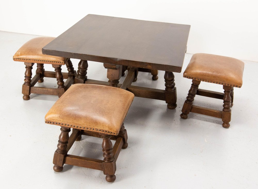 Spanish Alder Coffee Table with Alder and Leather Stools, 1960s, Set of ...