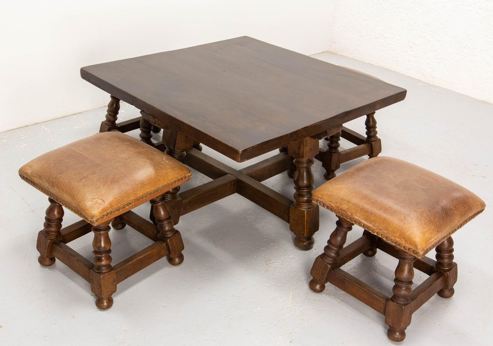 Spanish Alder Coffee Table with Alder and Leather Stools, 1960s, Set of ...