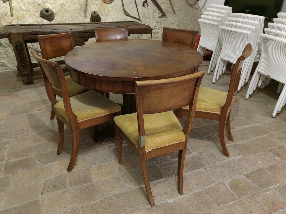 Round Walnut Table with Column Base with Six Chairs, Set of 7 for sale ...