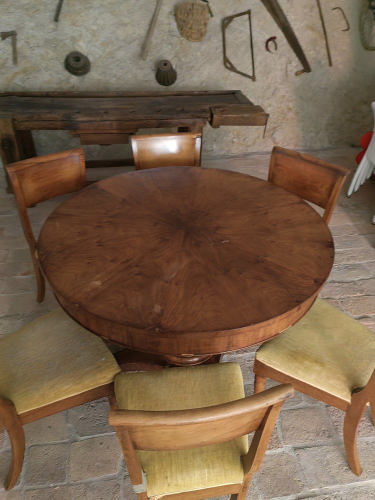Round Walnut Table with Column Base with Six Chairs, Set of 7 for sale ...